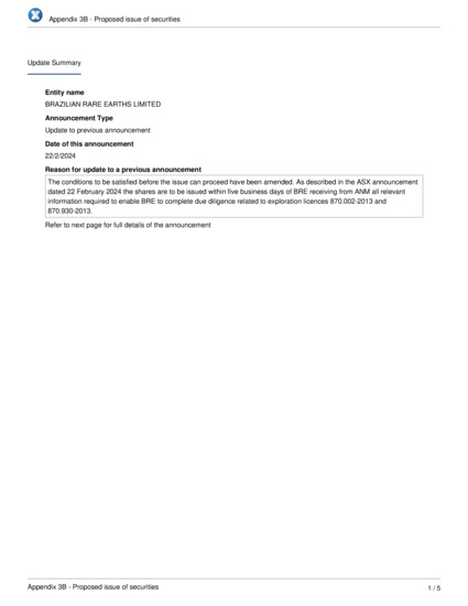 ASX:BRE - Update - Proposed issue of securities - BRE