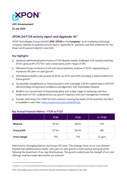 ASX:XPN - Q4 FY24 Activity Report and Appendix 4C